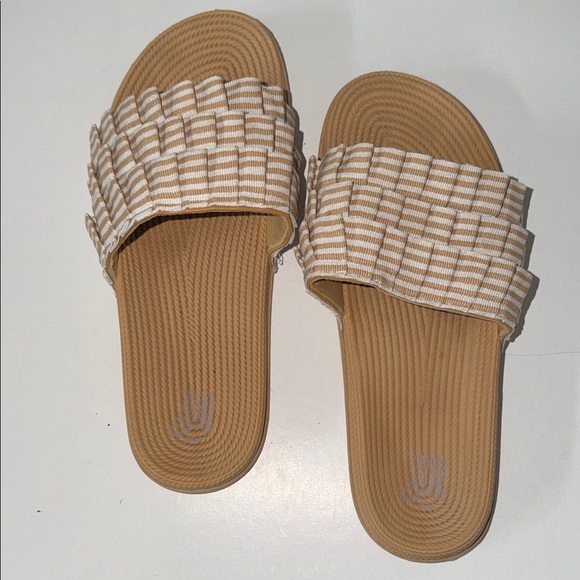 Shoes | Chic Tan Striped Slide Sandals | Poshmark